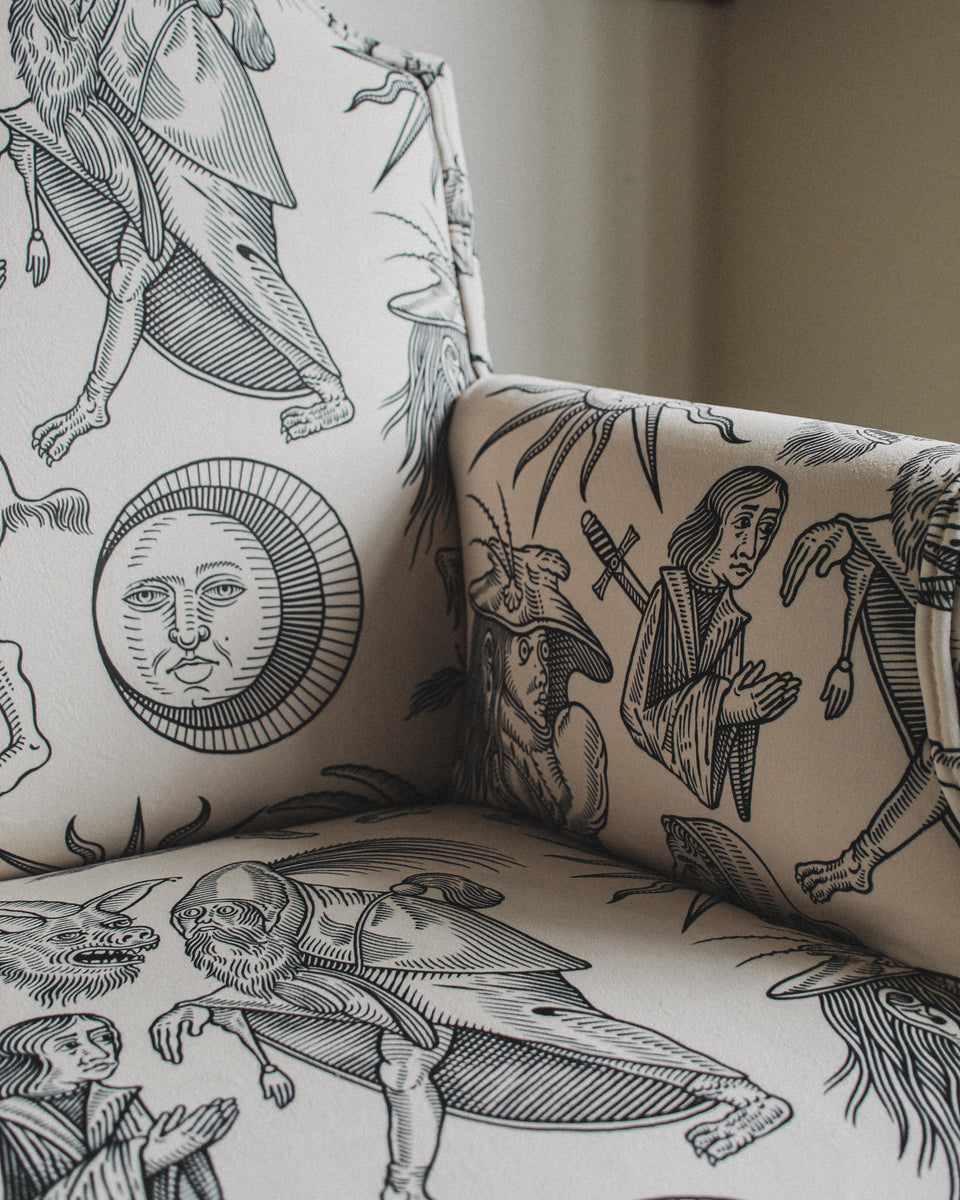 Drollery Print Camelback Chair – gallery elder
